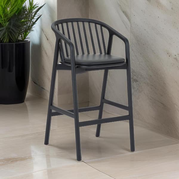 Benjara 33 in. Black Low Back Wood Frame Bar Stool with Faux Leather ...