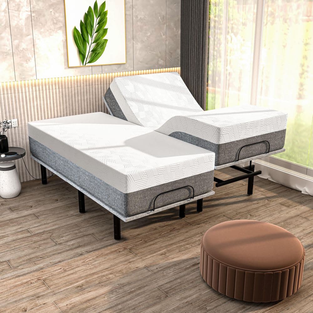 Renanim Gray Split-King Adjustable Bed Frame with 14 in. Cooling Gel Memory Foam Mattress ...
