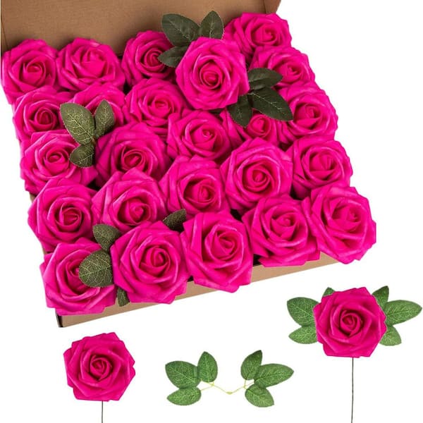 Afoxsos 2 in. H Hot Pink Artificial Foam Roses with Stems and Leaves ...