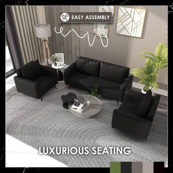 Leisuremod Rusk 3 Piece Sofa Living Room Set Upholstered in Faux Leather with Stainless Steel Legs and Removable Cushions in Black RS37 76BLL