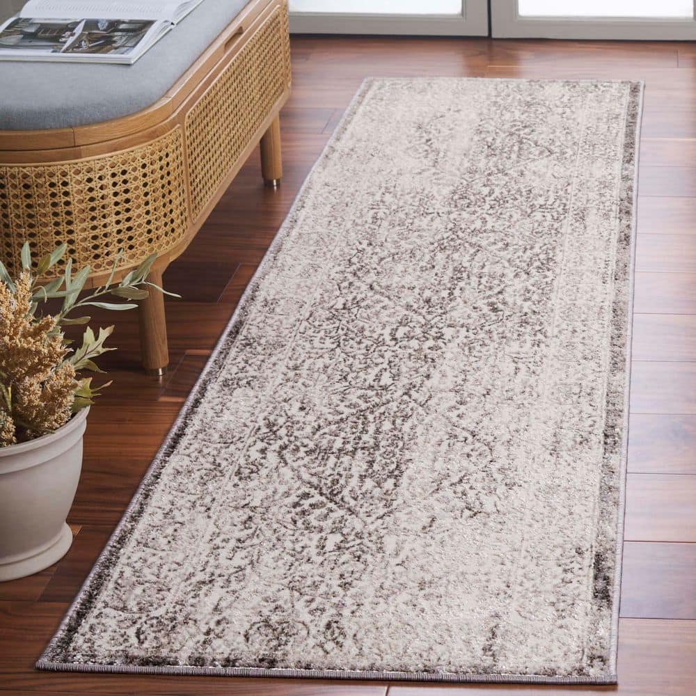 SAFAVIEH Orchard 2 ft. x 8 ft. Gray/Silver Distressed Floral Runner Rug ...