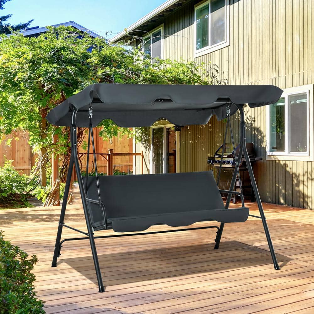 FASHION FINESSE LLC 3-Person Metal Outdoor Patio Swing with Dark Gray Removable Cushion and ...