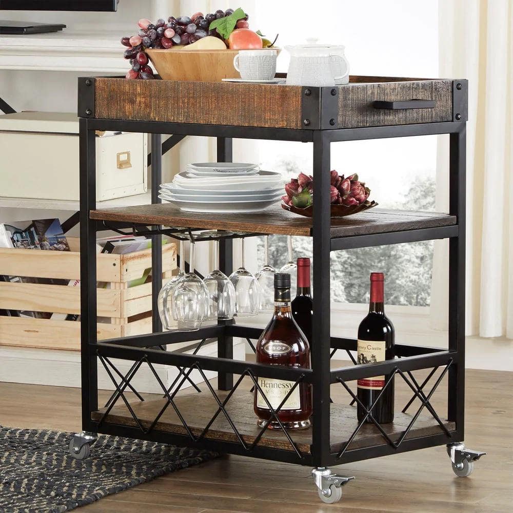 HomeSullivan Brown Rustic Serving Cart with Wine Inserts And Removable ...