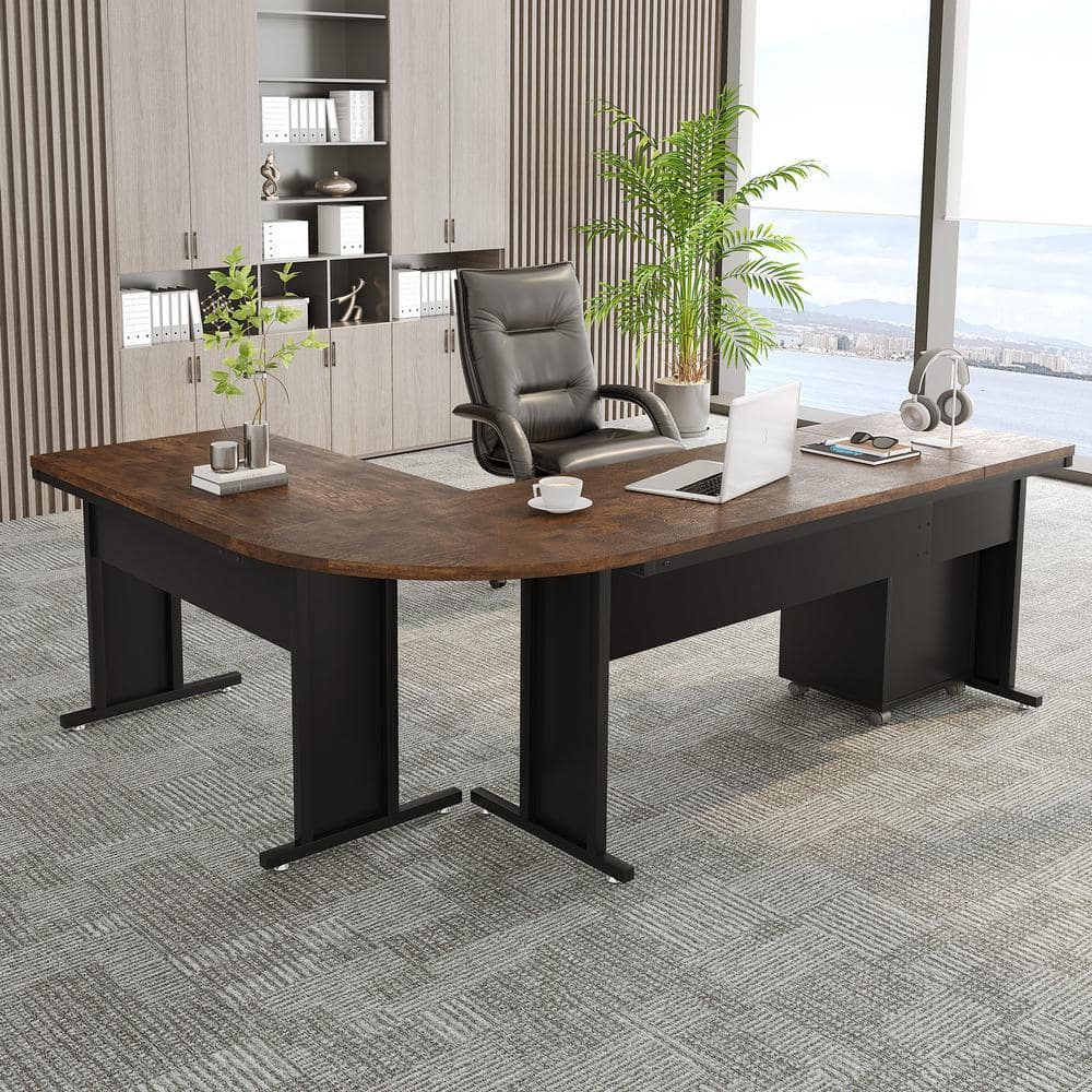 BYBLIGHT Lanita 83 in. L Shaped Brown Engineered Wood 3 Drawer Executive Desk Large Computer Desk with Mobile File Cabinet