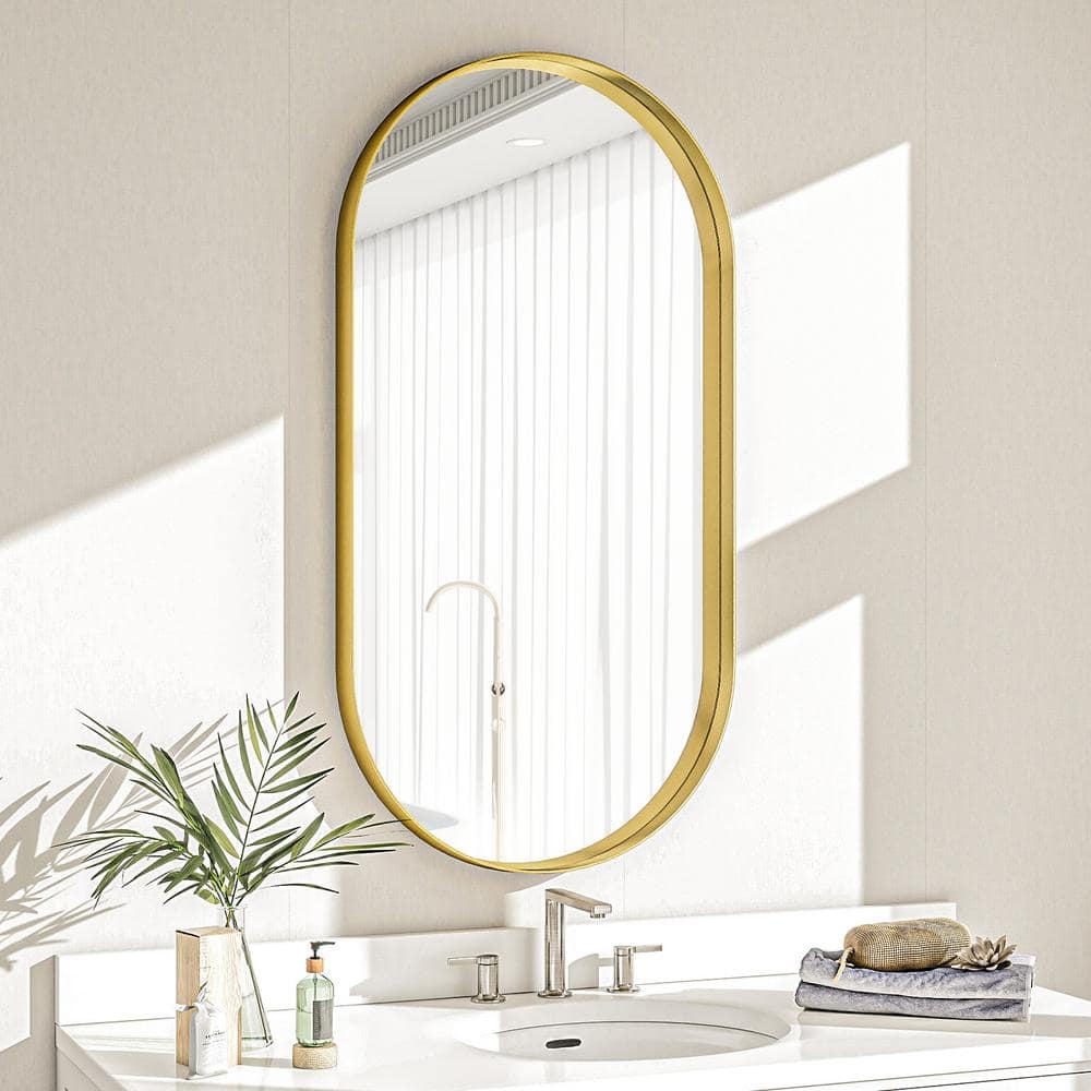 GLSLAND 20 in. W x 36 in. H Oval Gold Metal Deep Framed Wall Bathroom ...