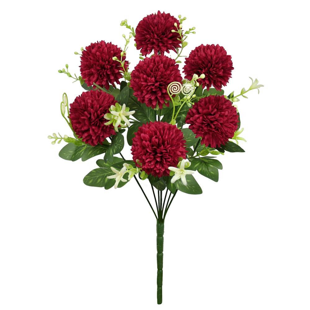 LIVING LUXURY 16 in. Red Burgundy Artificial Pom Mum Flower Stem Bush ...