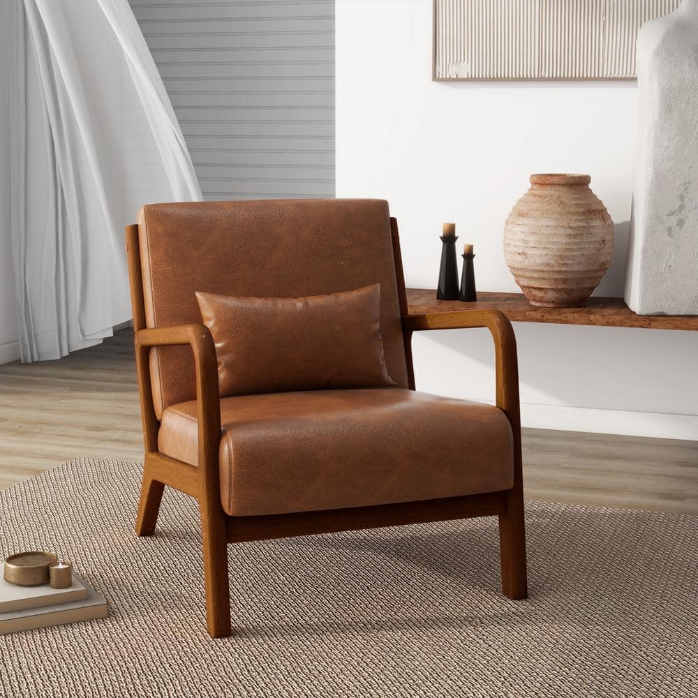 Uixe Mid-Century Light Brown Faux Leather Upholstered Accent Arm Chair ...