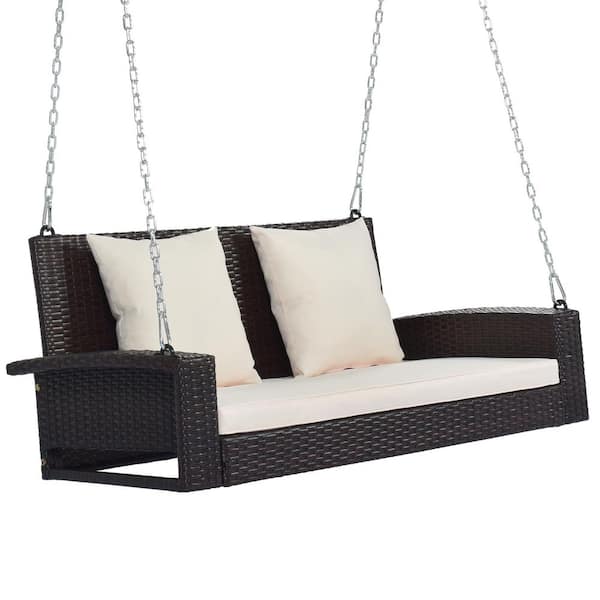 2-Person Wicker Hanging Porch Swing with Chains, Cushion, Pillow, Rattan Swing Bench for Garden ...