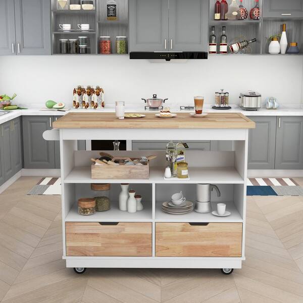 Harper & Bright Designs White Kitchen Cart with Solid Wood Top and 2 ...