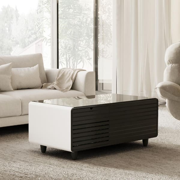 Eureka Ergonomic 41 in. White Rectangle Tempered Glass Smart Coffee Table with Fridge Wireless ...