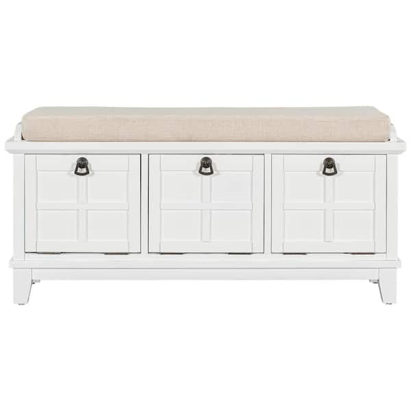 URTR White Upholstered Storage Bench with 3 Drop Down Doors, Shoe Bench ...