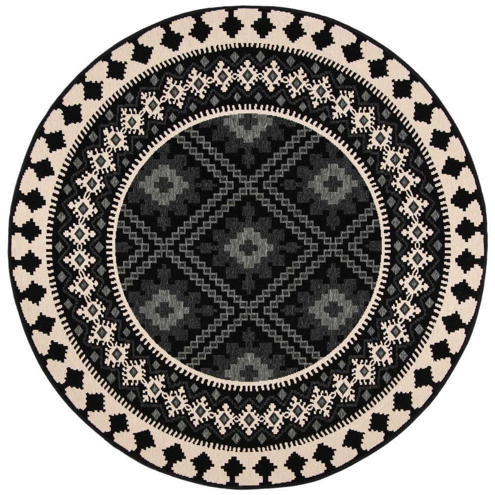 SAFAVIEH Veranda Black/Cream 7 ft. x 7 ft. Round Border Indoor/Outdoor ...