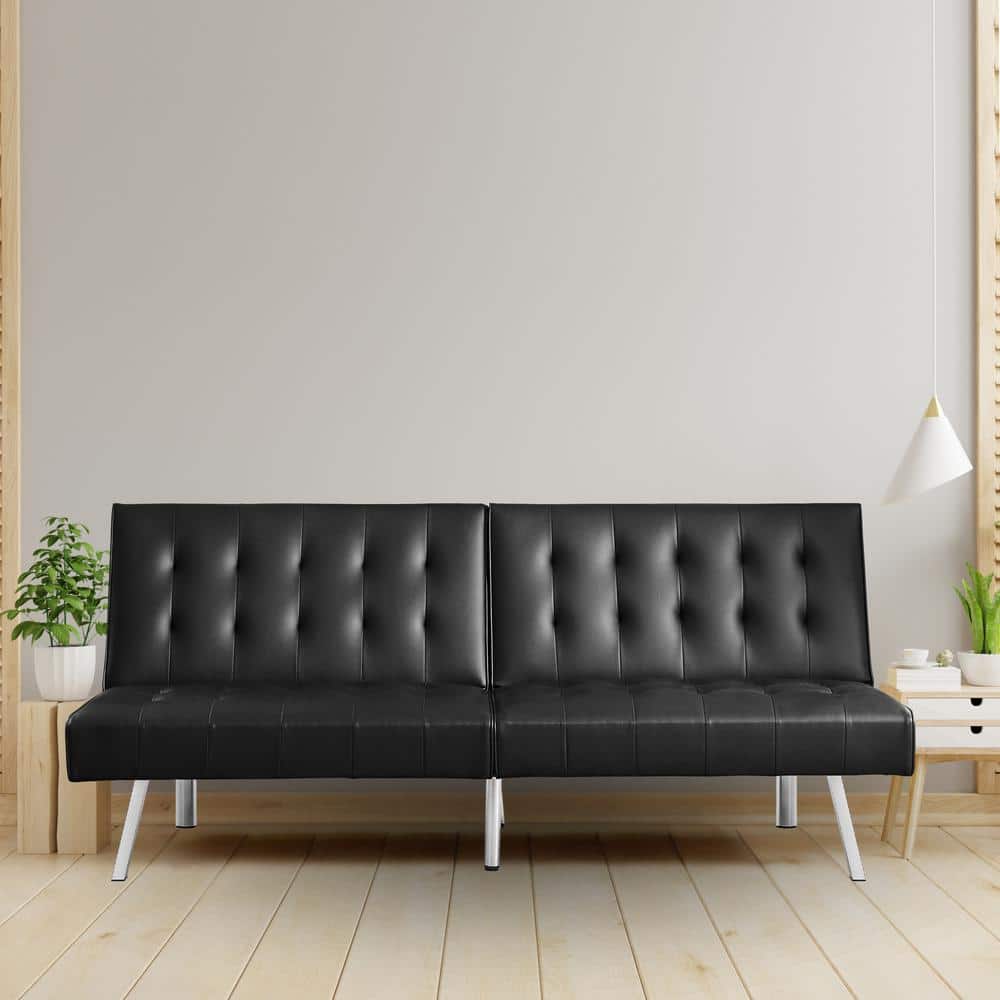 HOMESTOCK Black Faux Leather Tufted Split Back Convertible Futon ...