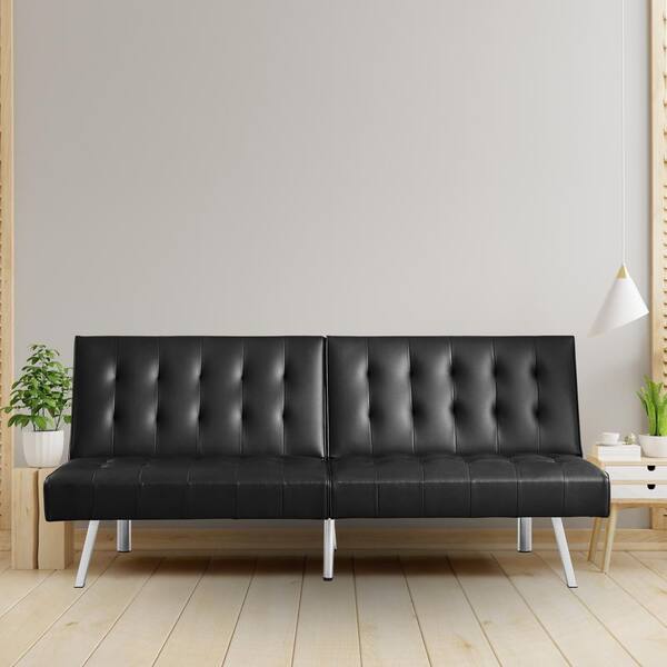 HOMESTOCK Black Faux Leather Tufted Split Back Convertible Futon ...
