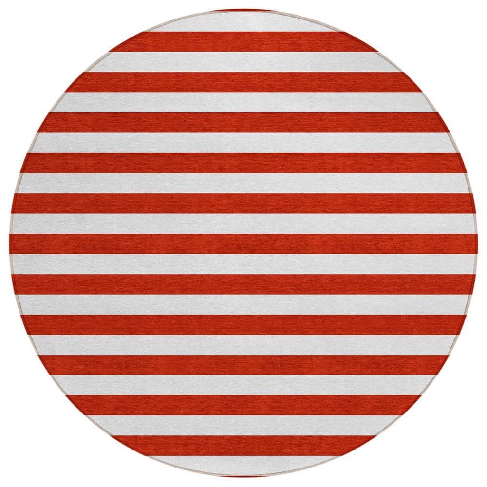 HomeRoots Red and White 8 ft. Round Woven Striped Polyester Round ...