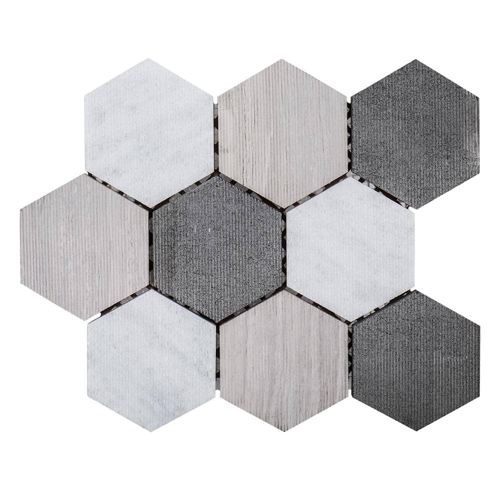 Jeffrey Court Tread Gray 12 in. x 10.5 in. Hexagon Textured Marble Wall ...