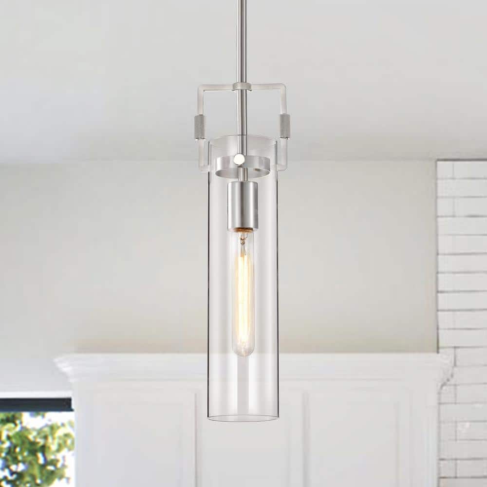 Edvivi 1-Light Brushed Nickel Mini Pendant Light with Clear Cylindrical ...