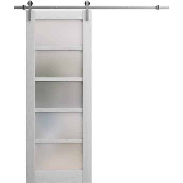Sartodoors 36 in. x 80 in. 1 Panel Frosted Glass Light Grey Oak Wood Sliding Barn Door with ...