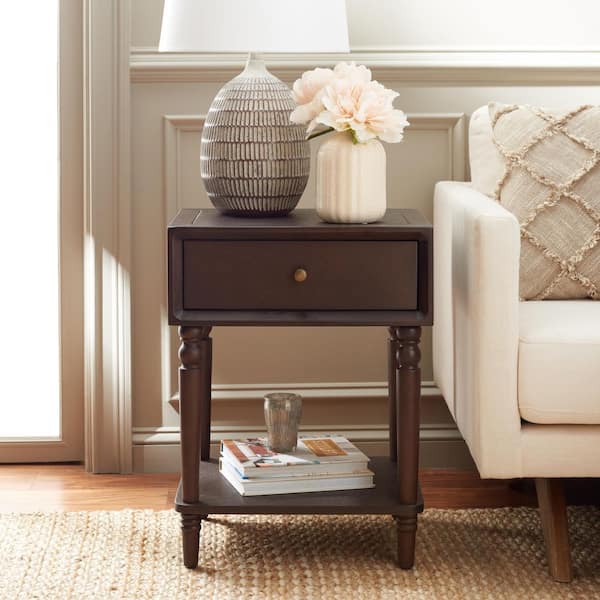 SAFAVIEH Siobhan 18 in. Walnut Rectangle Wood End Table with 1-Drawer ...