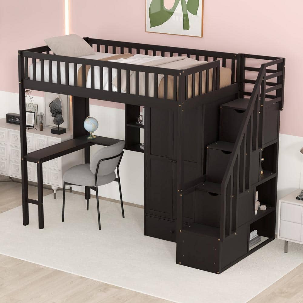 Harper & Bright Designs Espresso Twin Wooden Loft Bed with Wardrobe ...