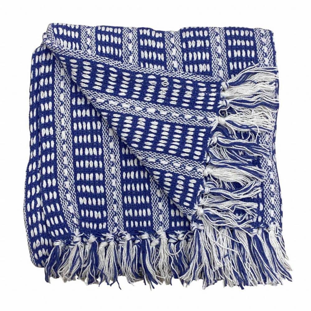 HomeRoots Charlie Blue and White Striped Cotton Throw Blanket ...