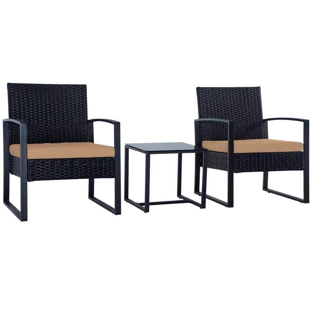 Sudzendf 3 Piece Outdoor Black PE Wicker Patio Conversation Set with ...