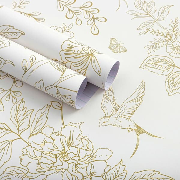 Cream White and Gold Floral Wallpaper Peel and Stick Wallpaper LINBQ228 ...
