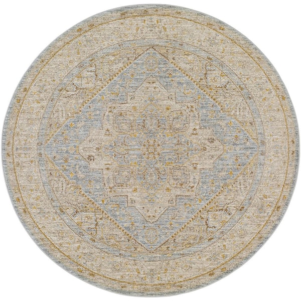 Livabliss Avant Garde 5 ft. Round Light Blue Border Indoor Area Rug ...