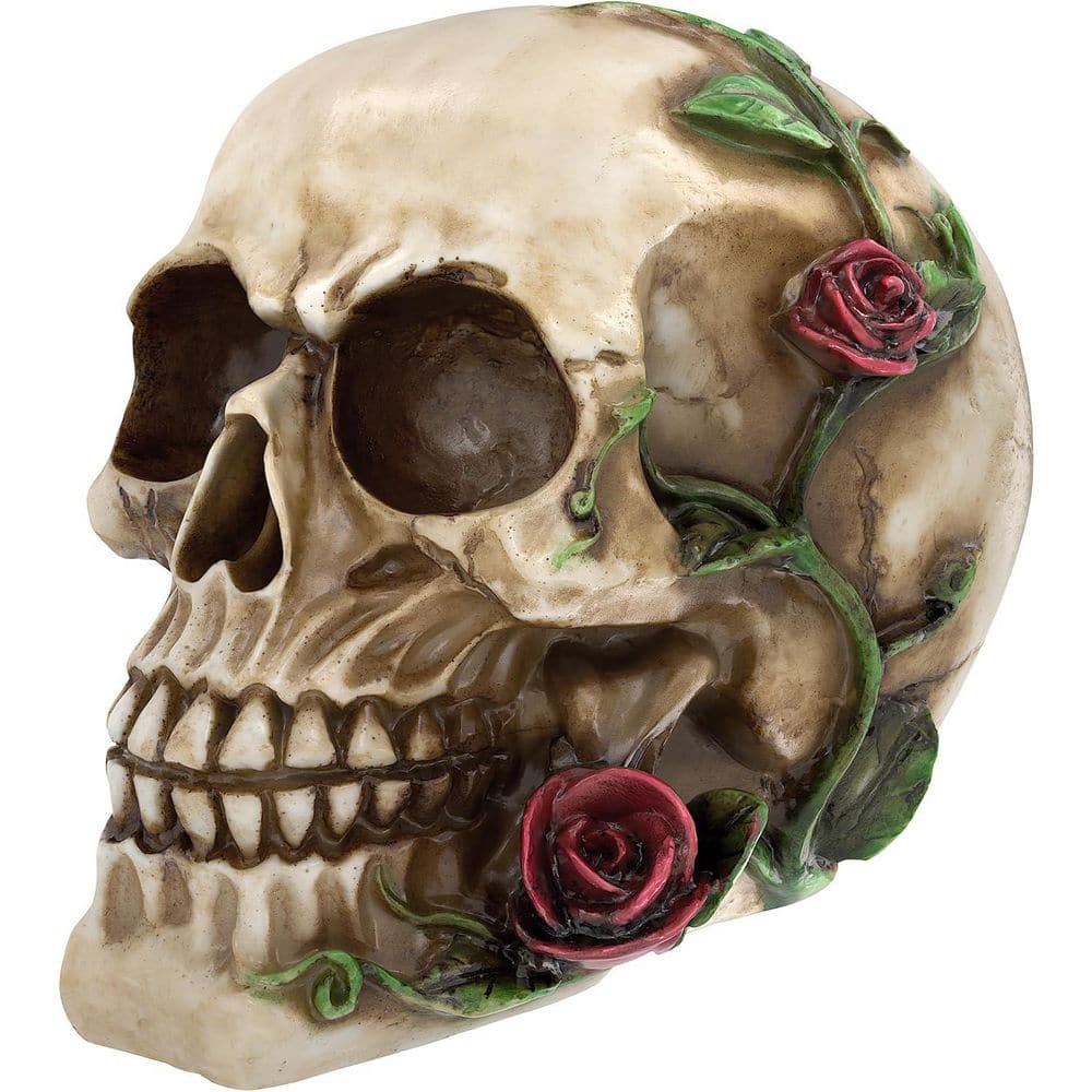 White 4.7 in. x 4.5 in. Resin Human Skull with Rose Statue LINBQ218 ...