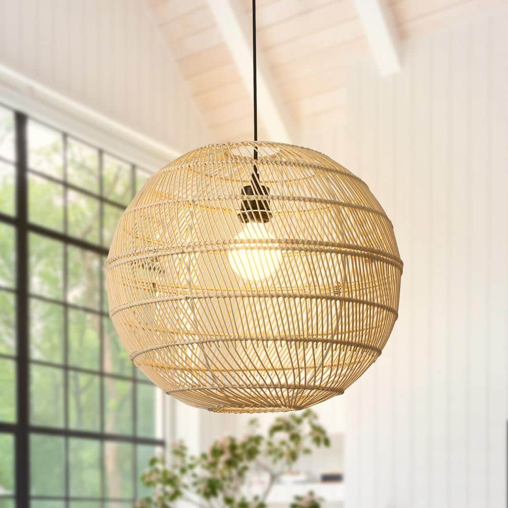 LWYTJO 1-Light Natural Rattan Globe Pendant Light with Rattan Shade, No ...