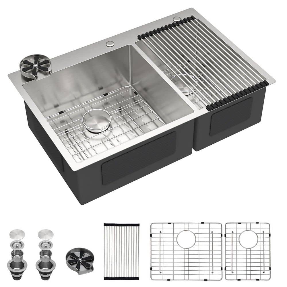Dcolora 33"x22" Split Double Bowl Drop In Kitchen Sink Stainless Steel ...
