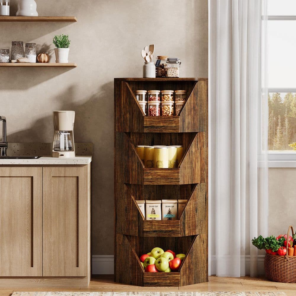 BYBLIGHT 4-Tier Brown Wood Pantry Organizer, Fruit and Vegetable ...