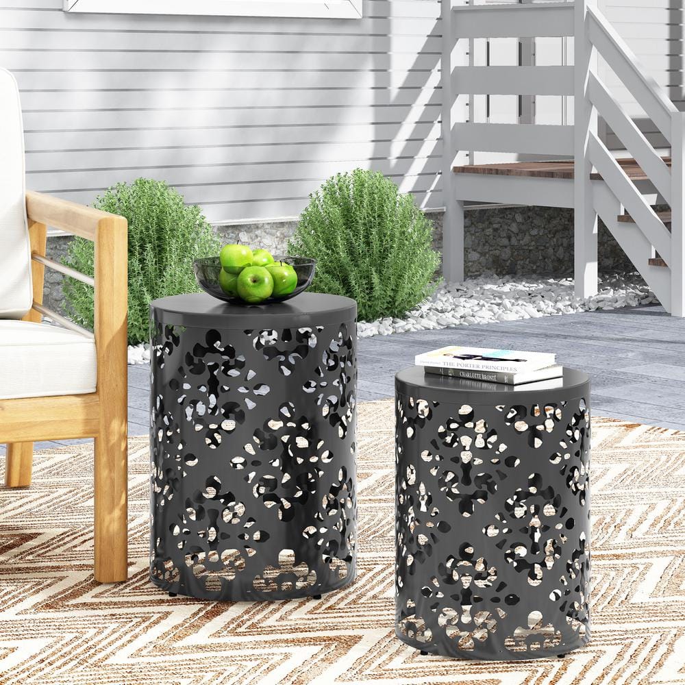 Sudzendf Black Cylindrical Iron Outdoor Side Table 2-Piece 2024-7-2-2 ...