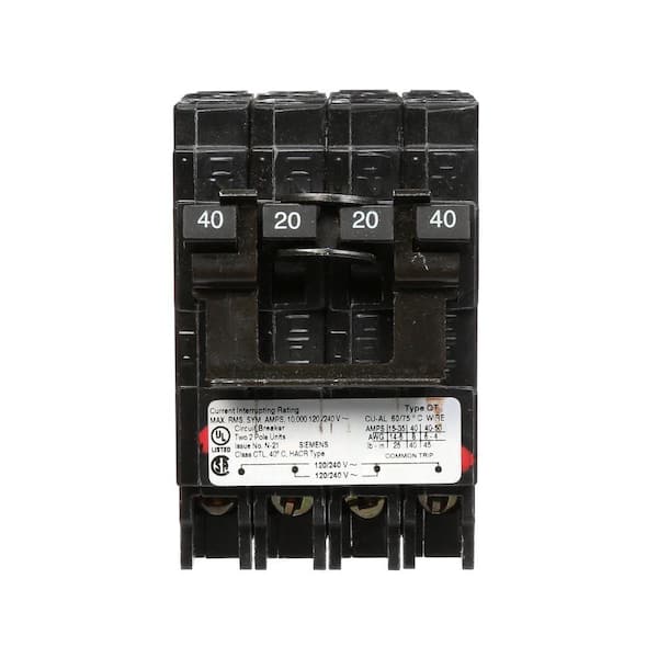 Siemens 20 Amp Double-Pole and 40 Amp Double-Pole Type QT Quad Circuit ...