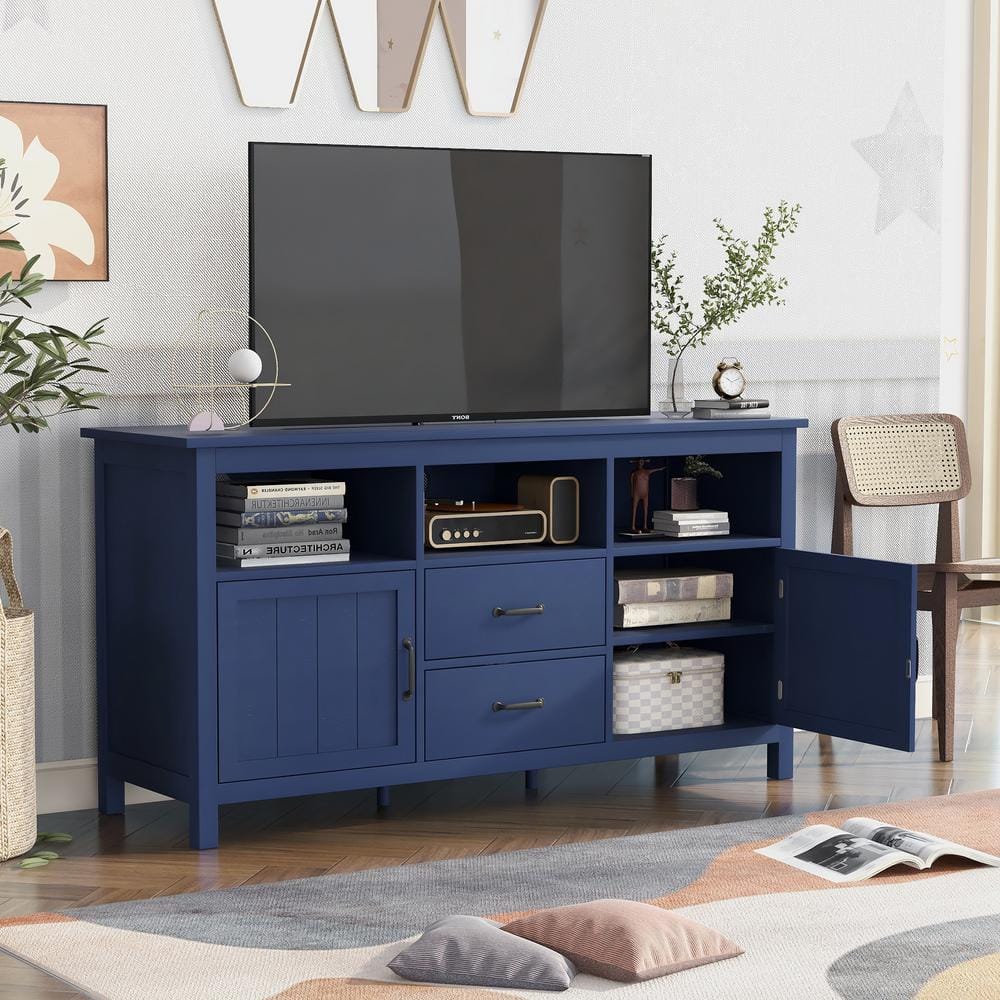 URTR 57 in. W Navy TV Stand Fits TV's up to 68 in. with 2-Doors and 2 ...