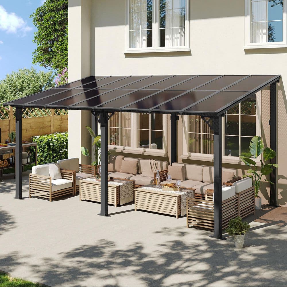 Sizzim 16 ft. x 10 ft. Patio Covers with Metal Roof Wall-Mount Gazebo ...