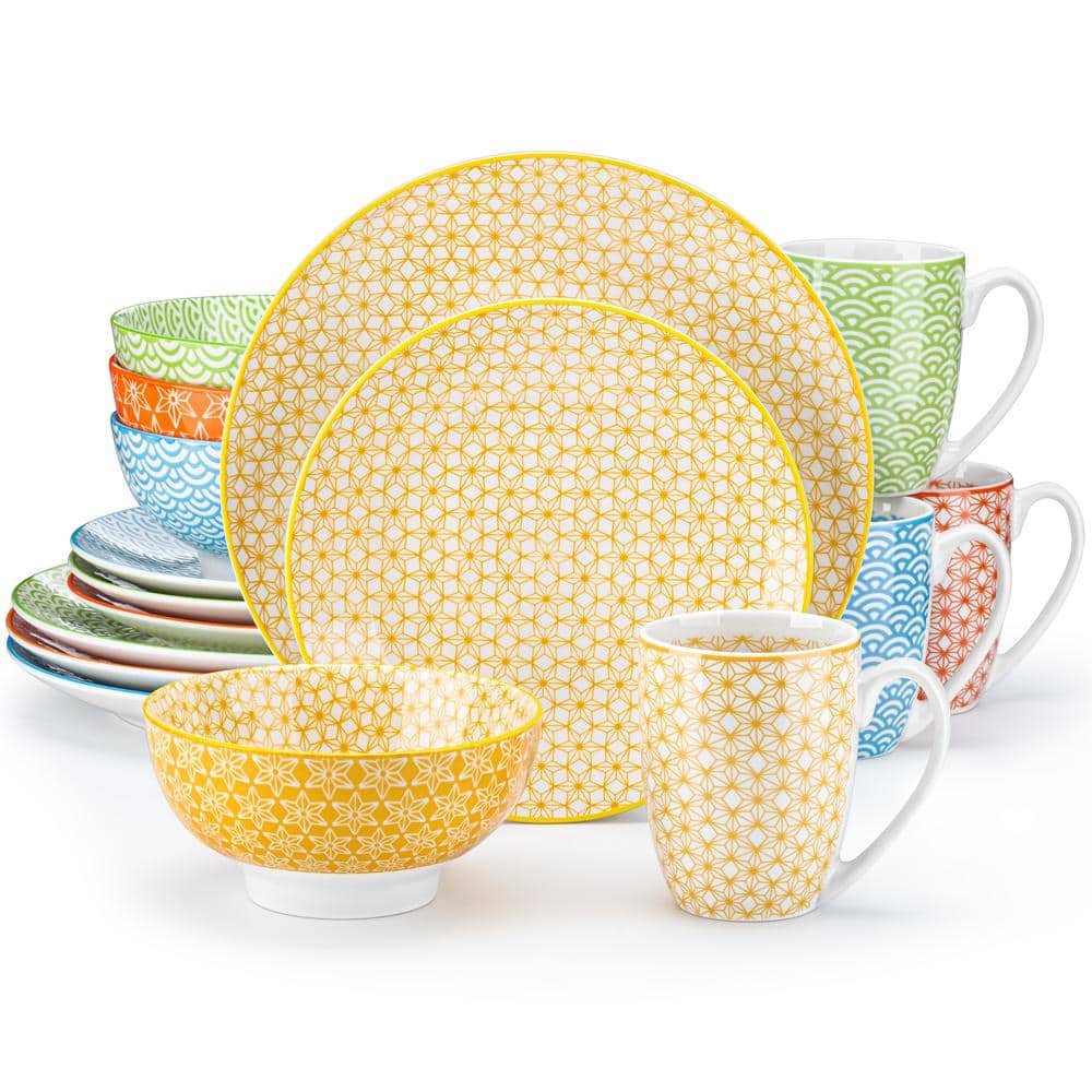 MALACASA 16-Piece Patterned Colored patterned Porcelain Dinnerware Set ...