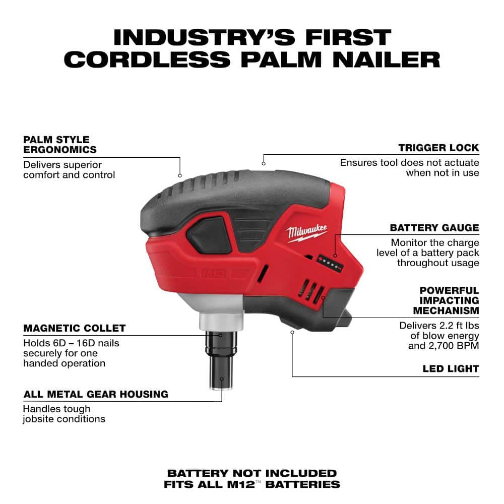 Milwaukee M12 12-Volt Lithium-Ion Cordless Palm Nailer (Tool-Only) 2458 ...