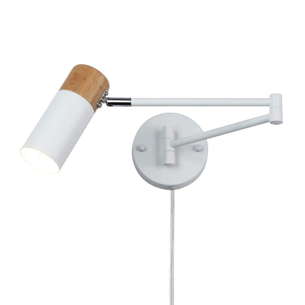 SUNLLOK Industrial 6.1 in. 1-Light White Wood Swing Arm Plug in Wall ...