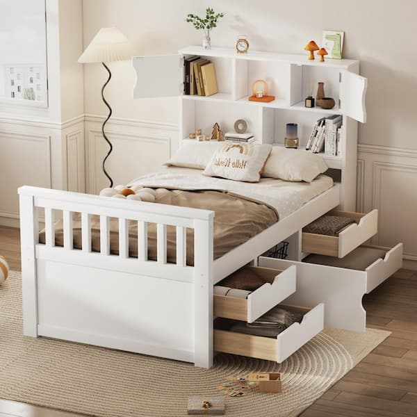 Qualler White Wood Frame Twin Platform Bed with Storage Bookcases and ...