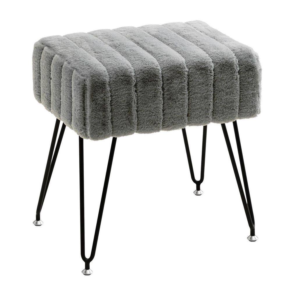 LUE BONA 18.5 in. Gray Faux Fur Square Vanity Stool with Black Legs for ...