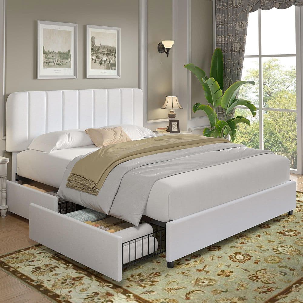 VECELO Upholstered Bed White Metal Frame Queen Size Platform Bed with 4 ...