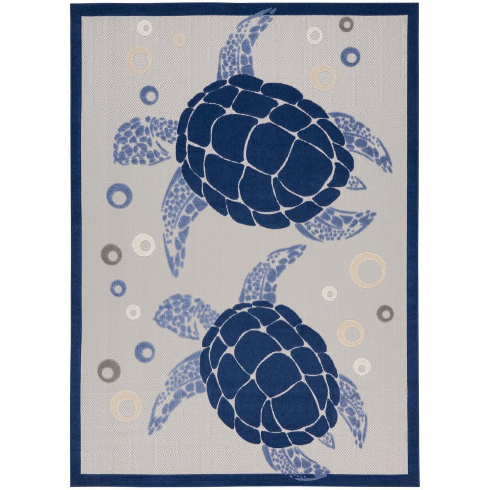 Nourison Aloha Navy Blue 8 ft. x 11 ft. Coastal Sea Turtle Botanical ...