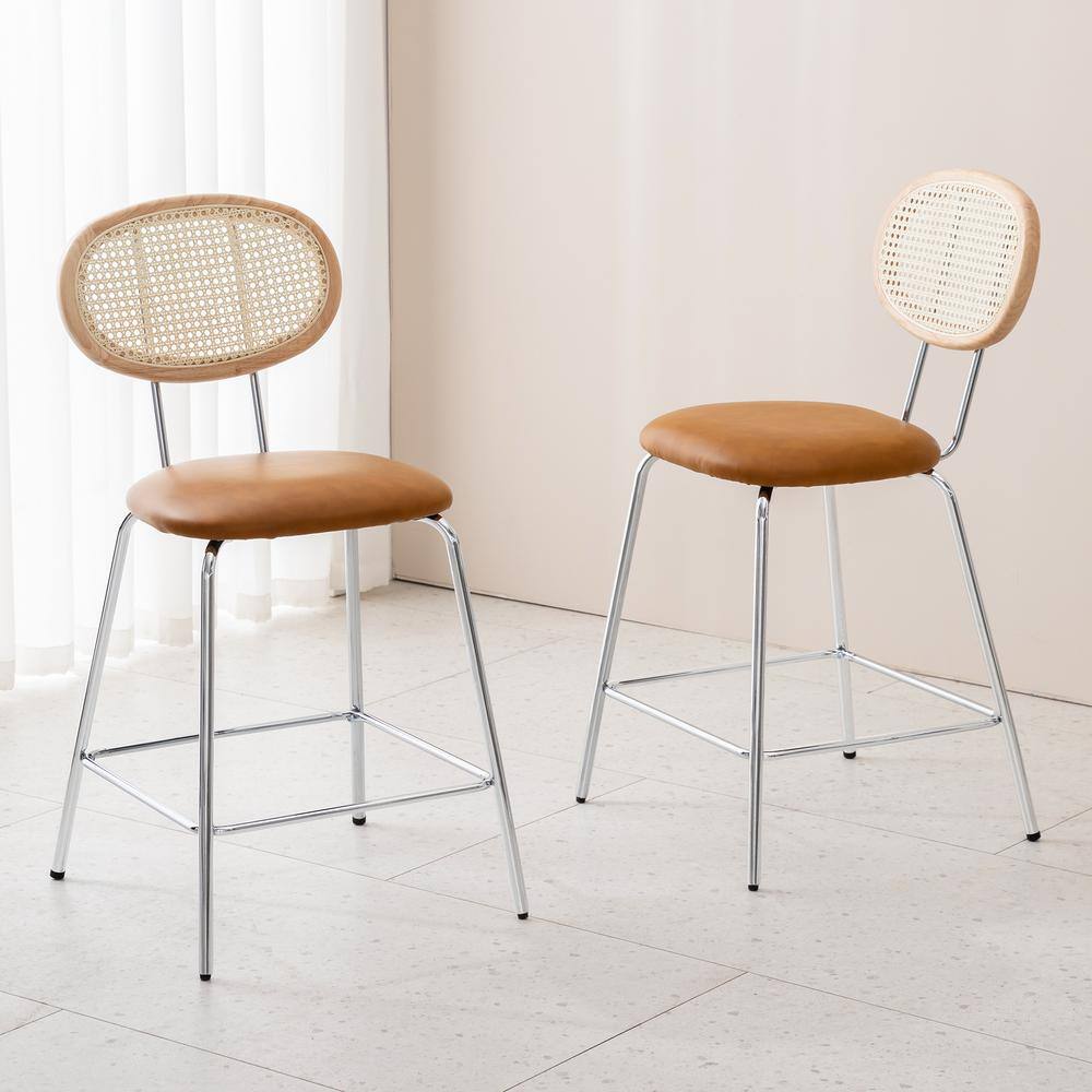 LUE BONA 24 in. Whiskey Brown Faux Leather Counter Height Bar Stools ...