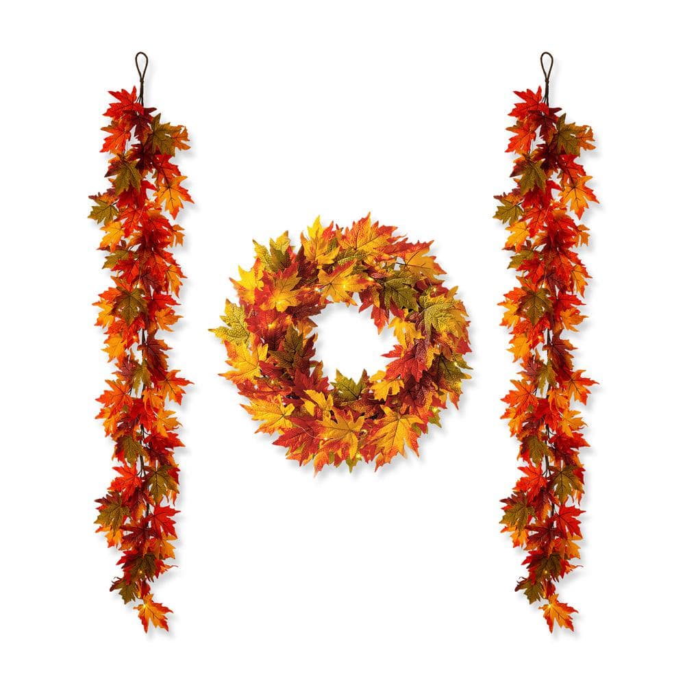 Glitzhome 24 in. D Fall Lighted Maple Leaves Artificial Christmas ...
