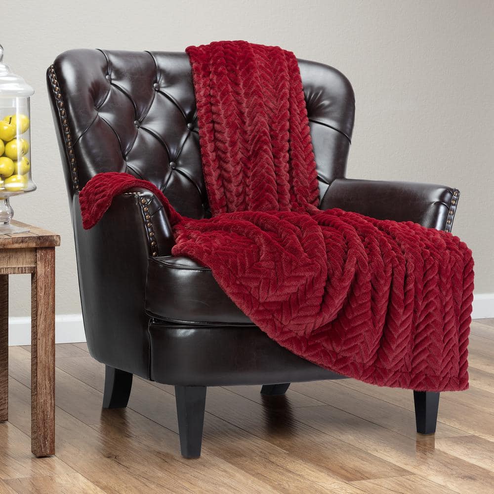 CHANASYA Faux Fur Embossed Maroon Textured Polyester Throw Blanket, 50 ...