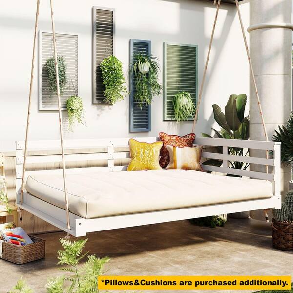 TIRAMISUBEST 2-Person White Acacia Wood Porch Swing Bed with Hemp Ropes ...