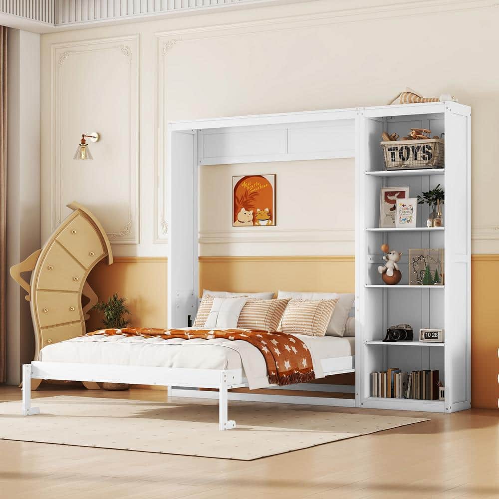 Harper & Bright Designs White Wood Frame Full Size Murphy Bed, Wall Bed ...