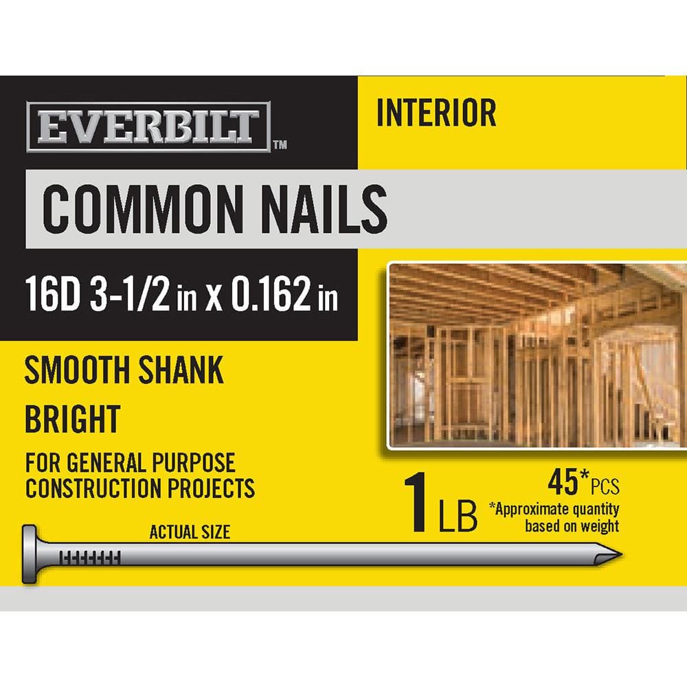 Everbilt 3-1/2 in. x 16D Bright Common Nails 1 lb (Approximately 45 ...