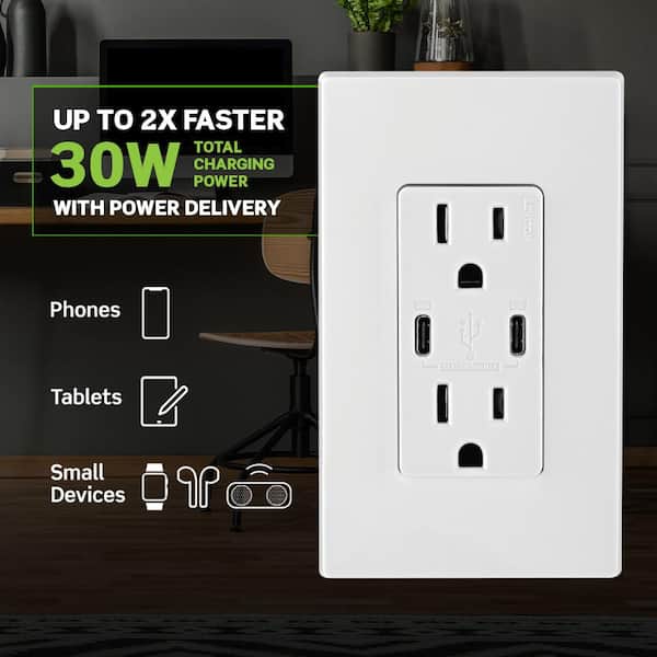 Leviton Decora 15 Amp Tamper Resistant Duplex Outlet with 30W USB-C ...